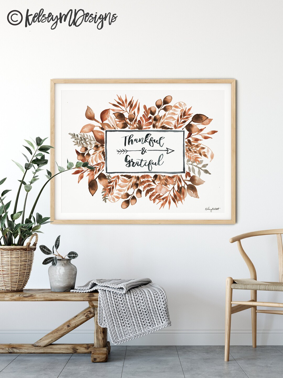 Thankful and Grateful Wall Art, Floral Wreath Watercolor Painting, Fall ...