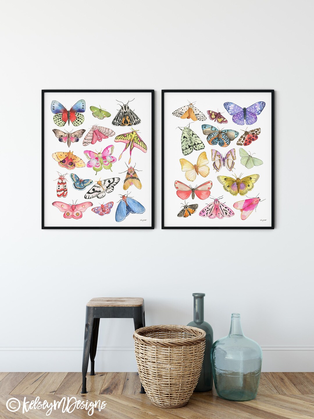 Set of 2 Colorful Moth Chart Art Prints, Watercolor Insect Wall Art ...
