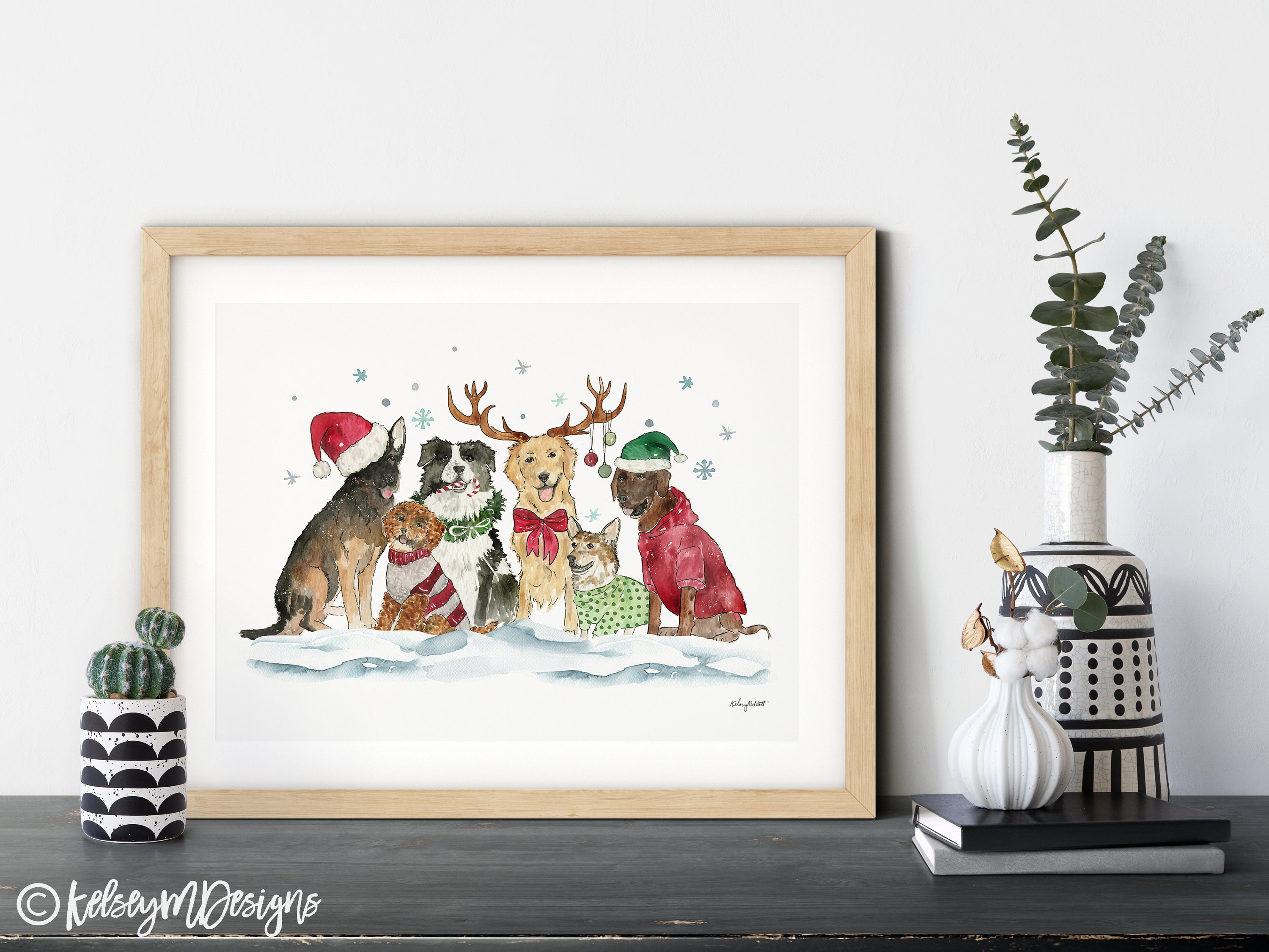 Christmas Dog Wall Art, Happy Howlidays, Holiday Dog Decor, Watercolor ...