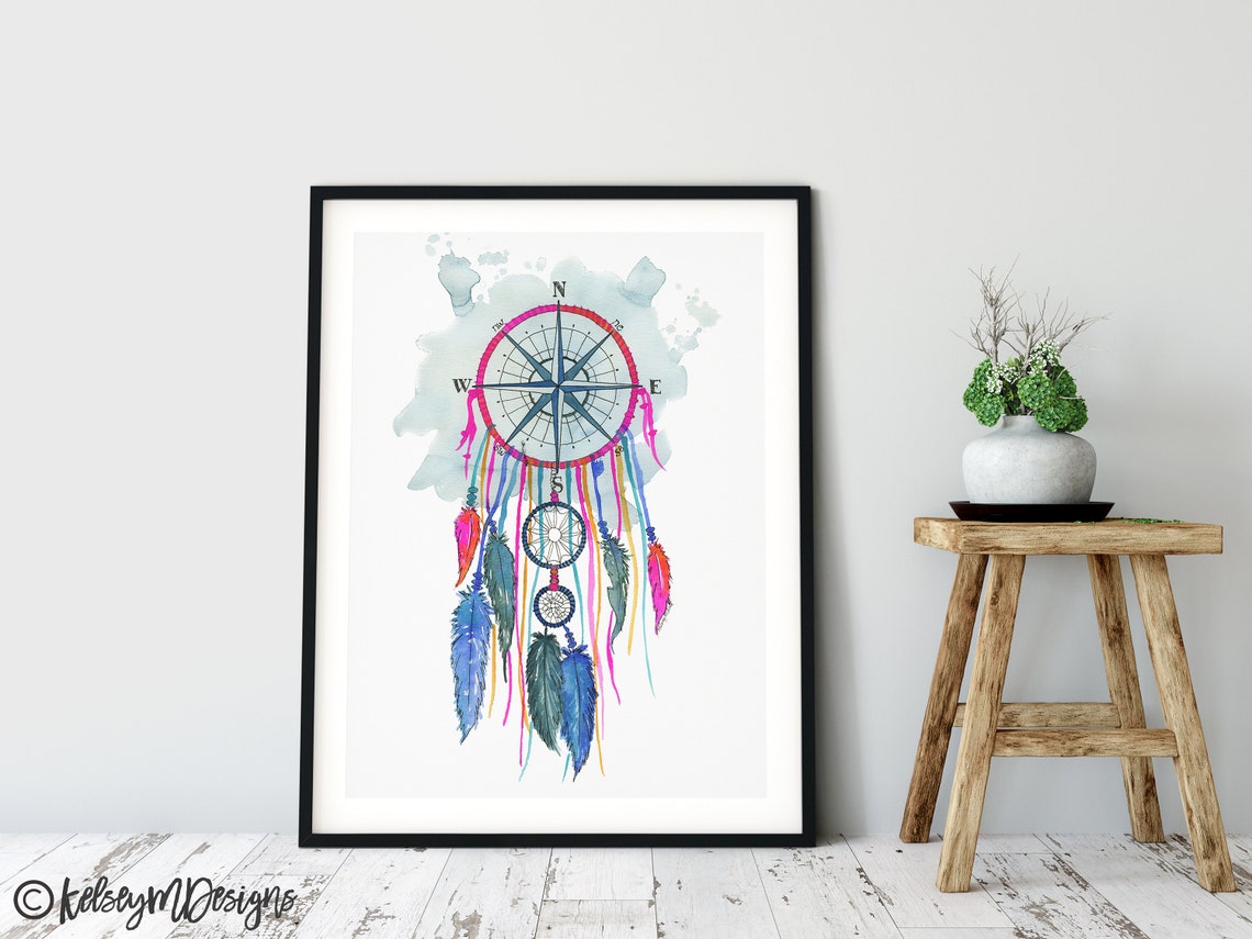 Compass Dream Catcher Art Print, Watercolor Painting, Native American ...
