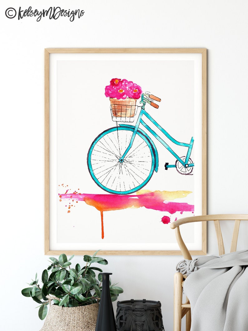 Bicycle Flower Basket Illustration, Bicycle Wall Art, Bicycle Print ...