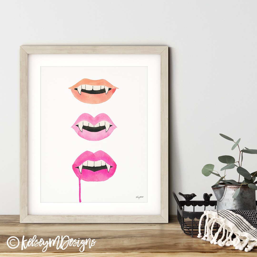 Pink Vampire Lips Wall Art, Halloween Art Print, Watercolor Painting ...