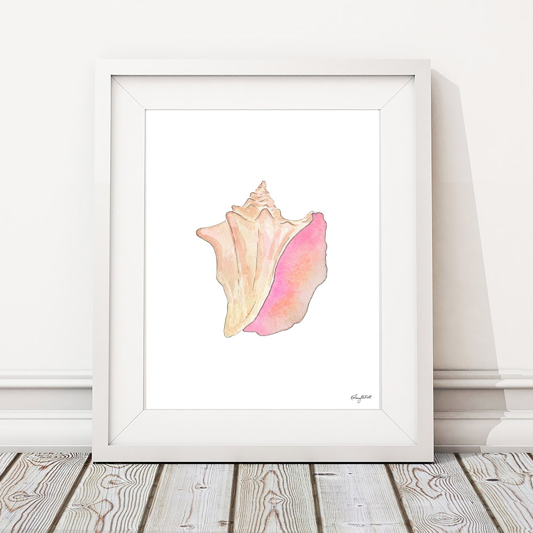 Pink Conch Shell Wall Art, Colorful Beach Surf Art, Watercolor Painting ...