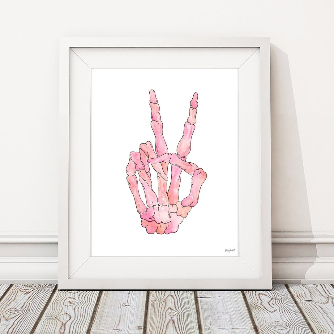 Pink Skeleton Peace Sign Wall Art, Halloween Skeleton Art Print ...