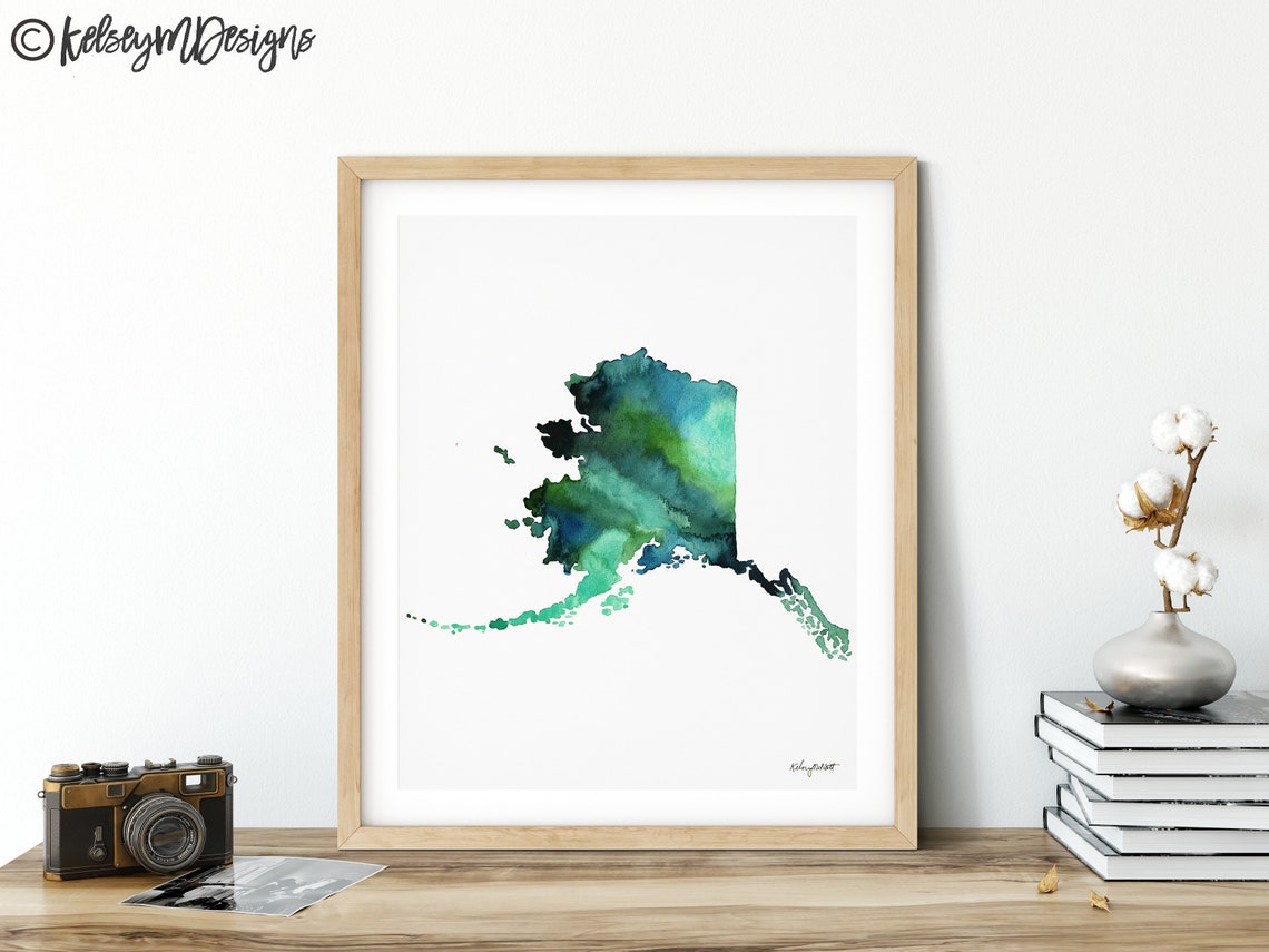 Alaska State Map Watercolor Print Alaska Wall Art Alaska Map - Etsy