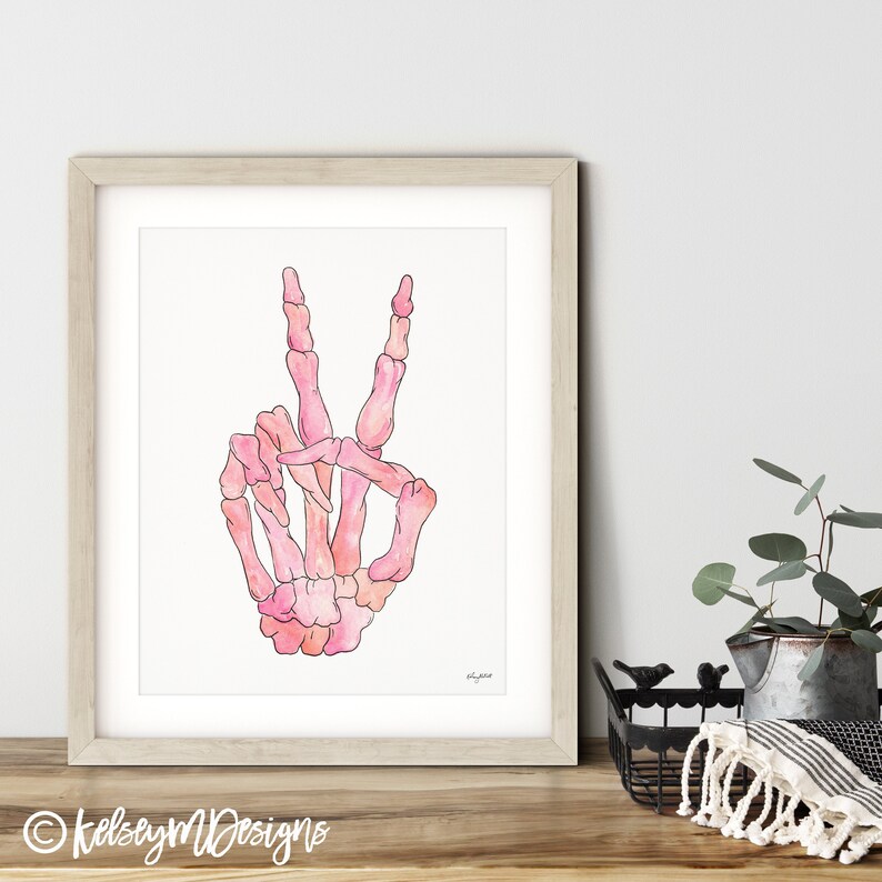 Pink Skeleton Peace Sign Wall Art, Halloween Skeleton Art Print ...