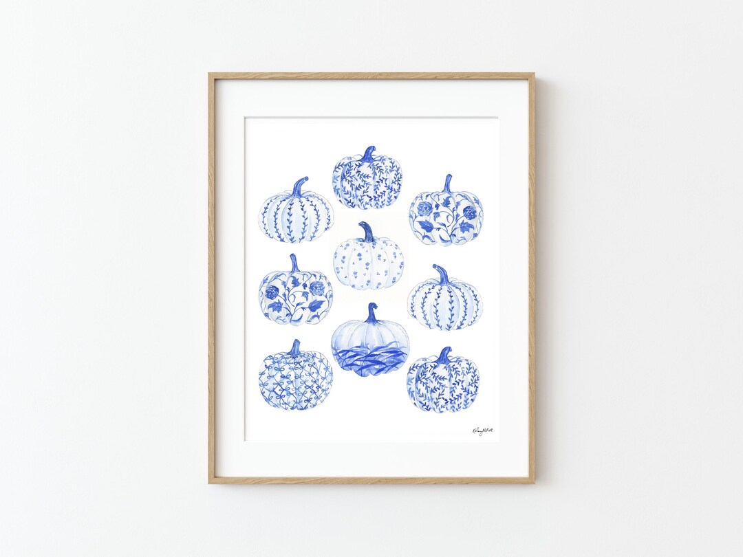 Blue Toile Pumpkins Art Print, Chinoiserie Fall Wall Art, Watercolor ...