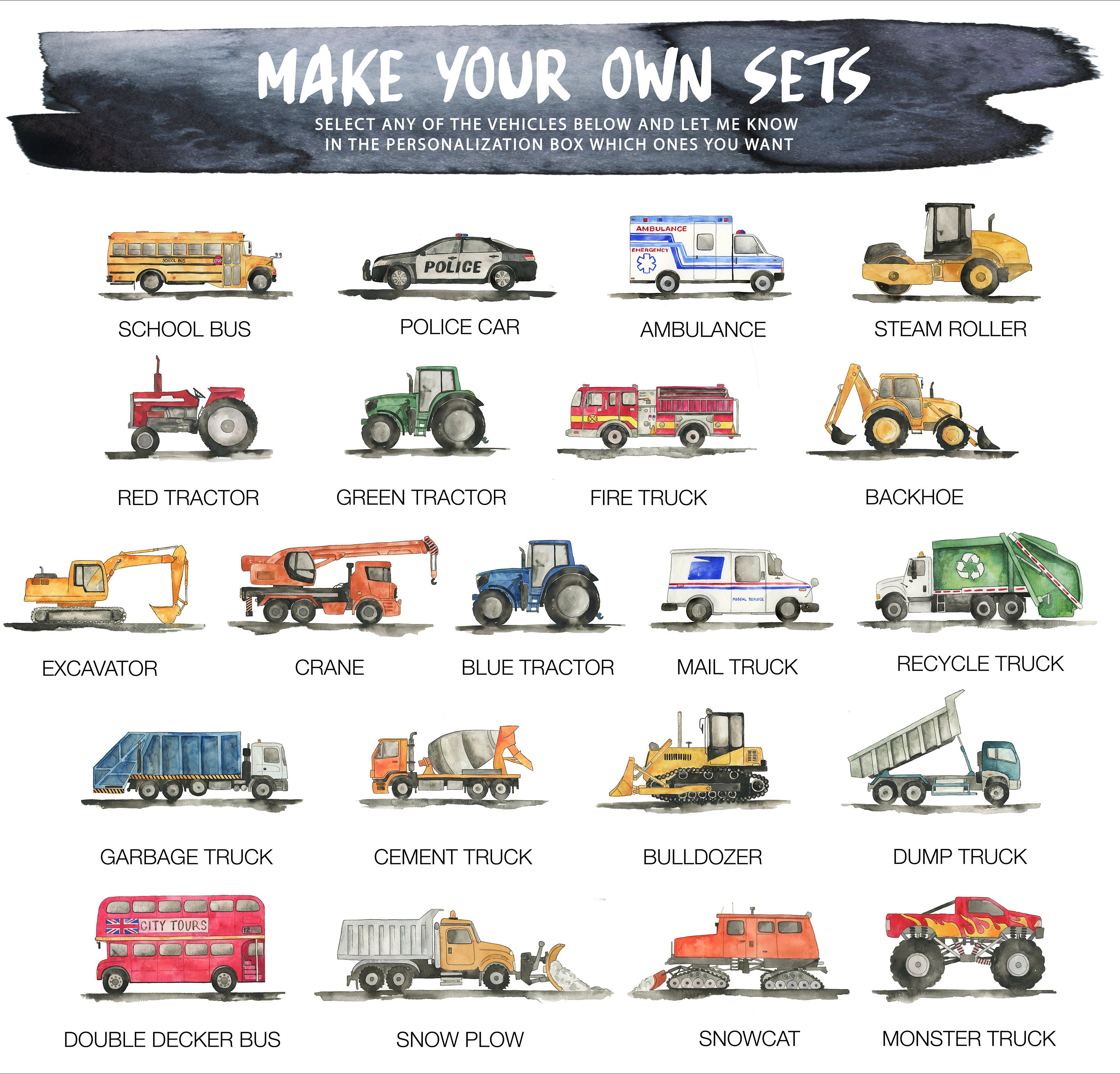 Set of 4 Construction Vehicle Prints Kids Gallery Wall Set | Etsy