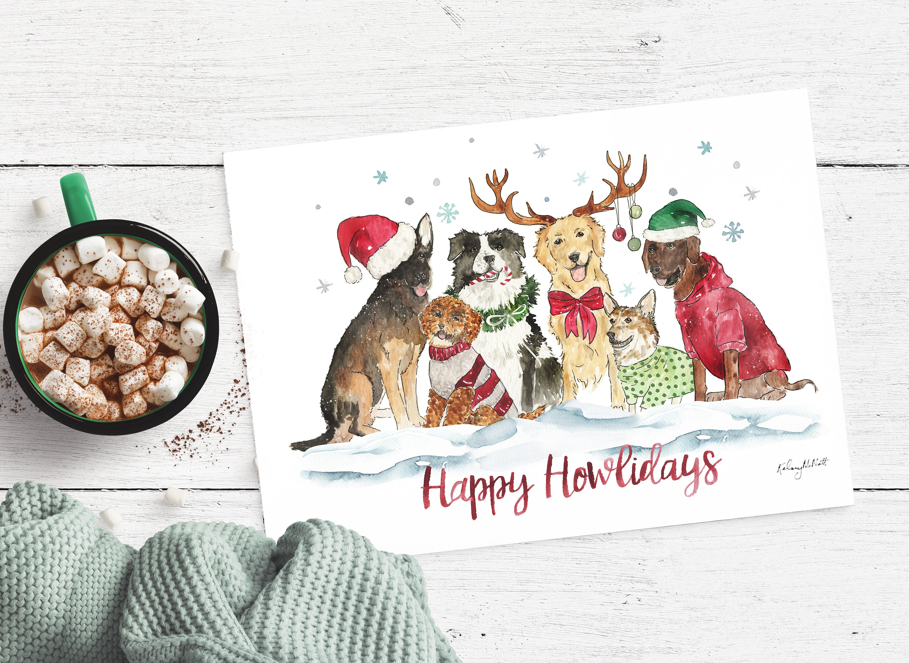 Christmas Dog Wall Art, Happy Howlidays, Holiday Dog Decor, Watercolor ...