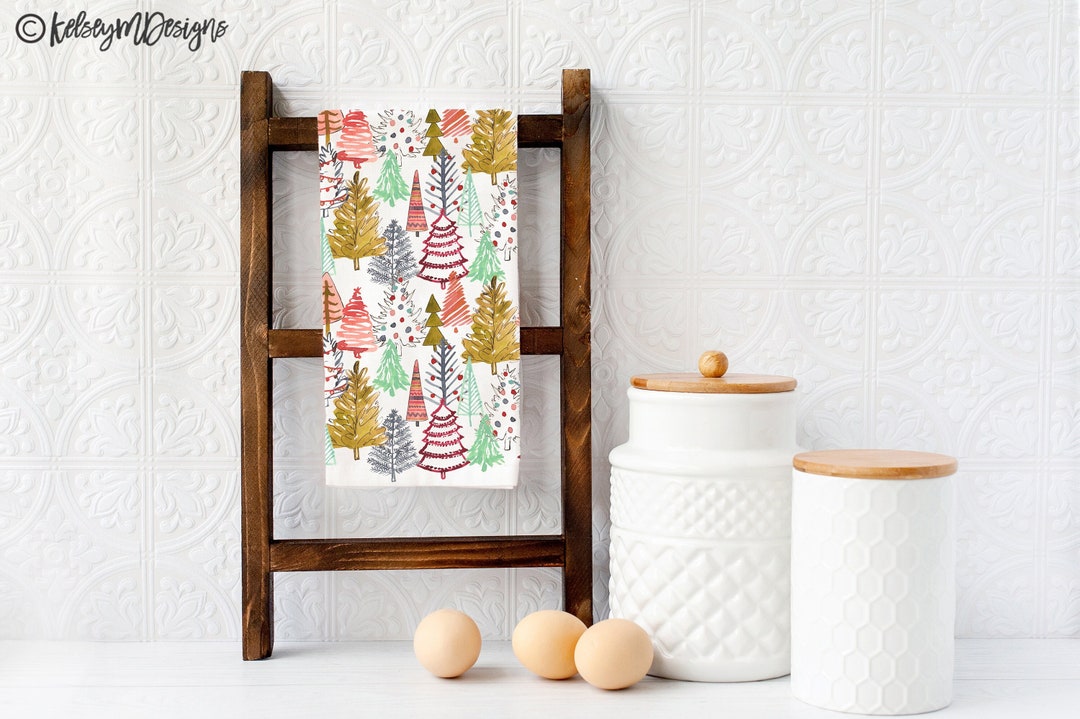 Colorful Christmas Trees Tea Towel, Christmas Kitchen Decor, Holiday ...