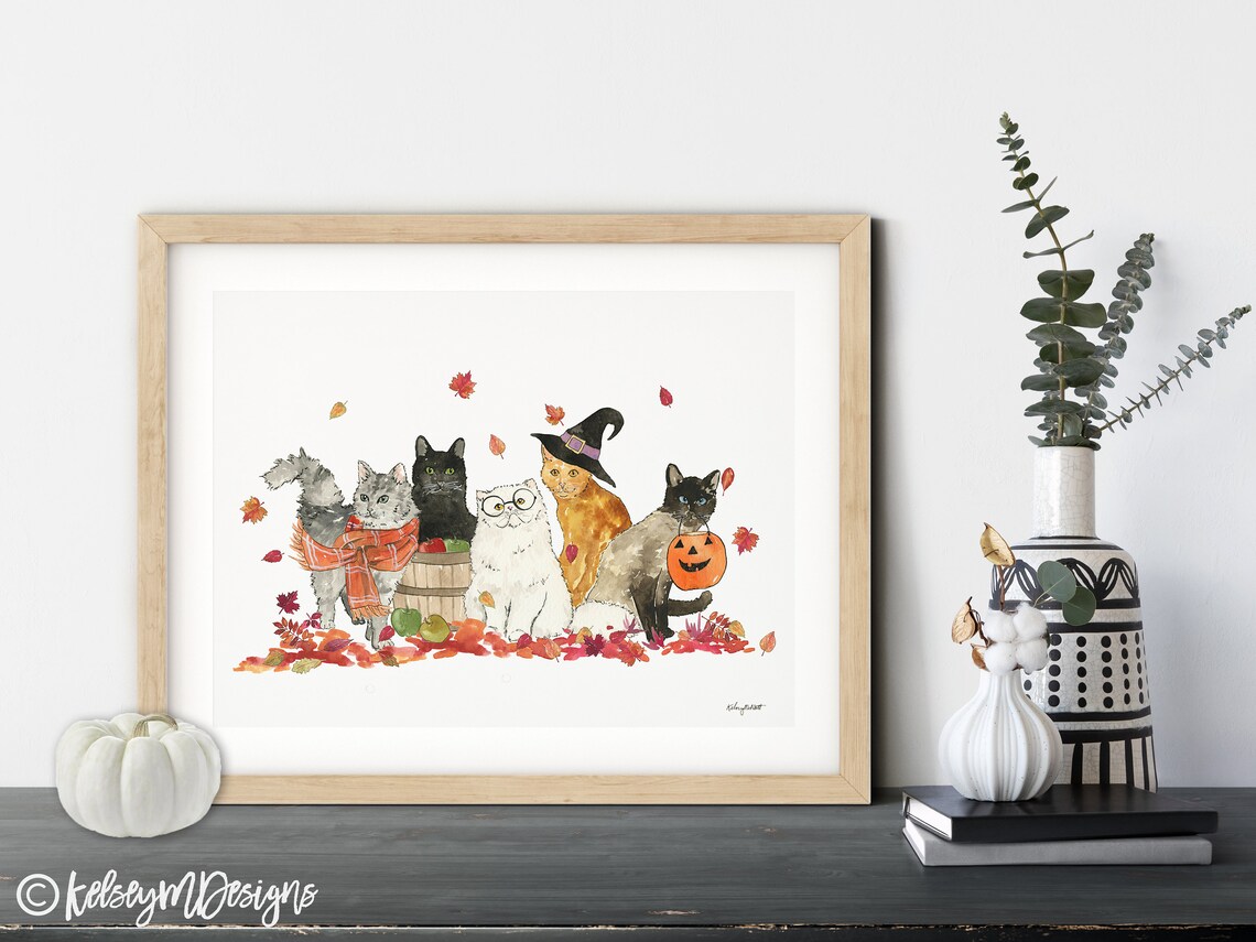 Halloween Cats Wall Art Cat Costume Fall Home Decor Fall | Etsy