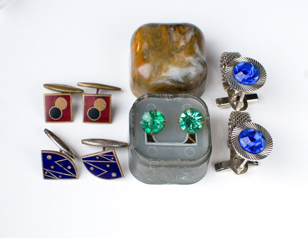 Vintage Soviet Cuff Links 50s-70s, Back Mark Enamel and Rhinestones ...