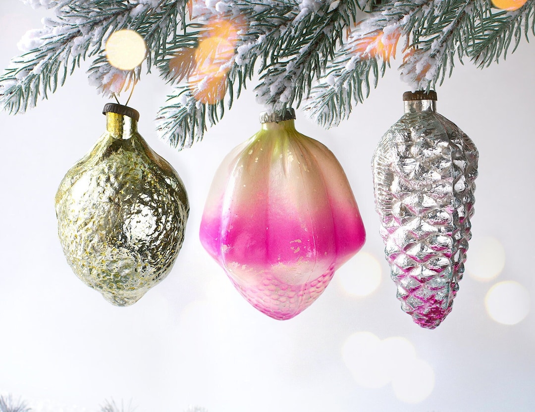 Vintage Large Kremlin Glass Christmas Ornaments, Lemon Pinecone Flower ...