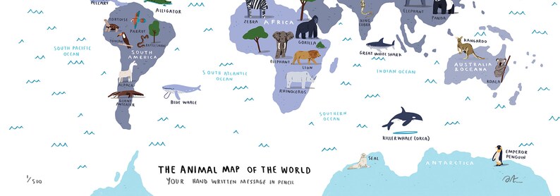 The Animal World Map Illustrated Art Print Animal Map Print Animal ...