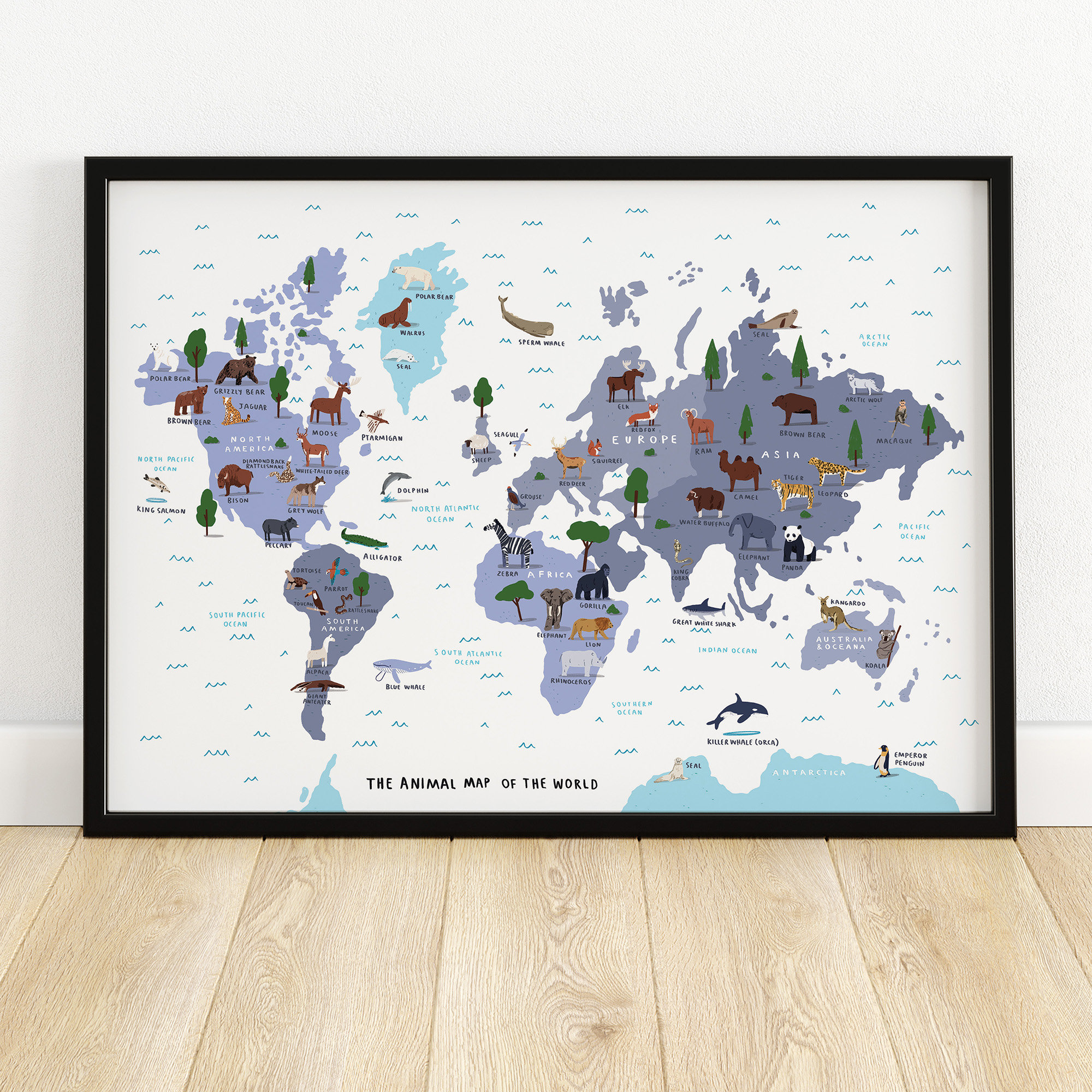 The Animal World Map Illustrated Art Print - Animal Map Print Animal ...