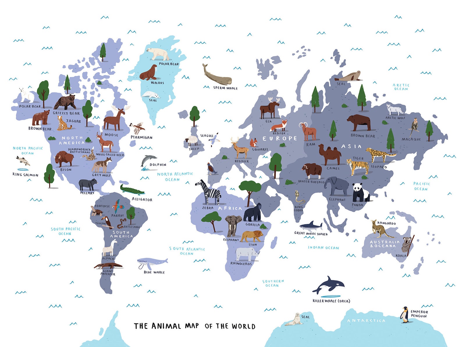 The Animal World Map Illustrated Art Print Animal Map Print Animal ...