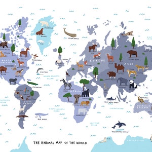 The Animal World Map Illustrated Art Print - Animal Map Print Animal ...