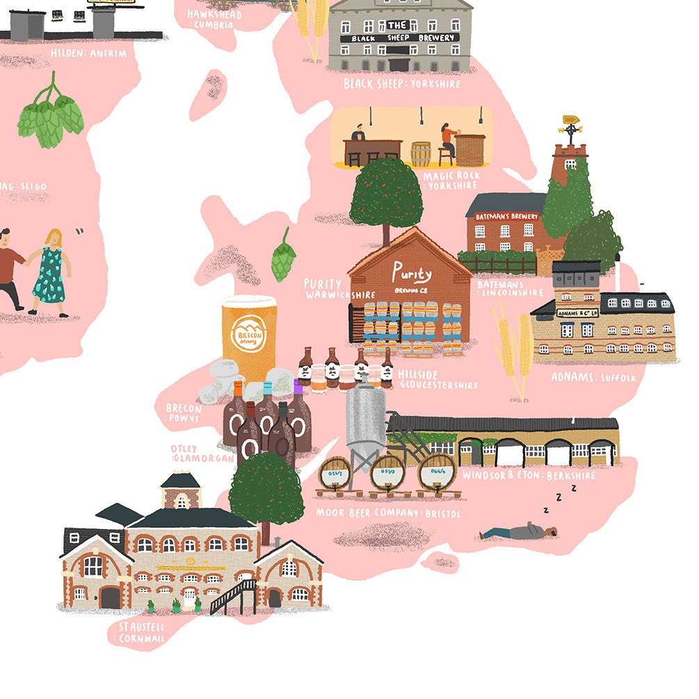 The UK & Ireland Beer Map Illustrated Print - Map Print Map ...