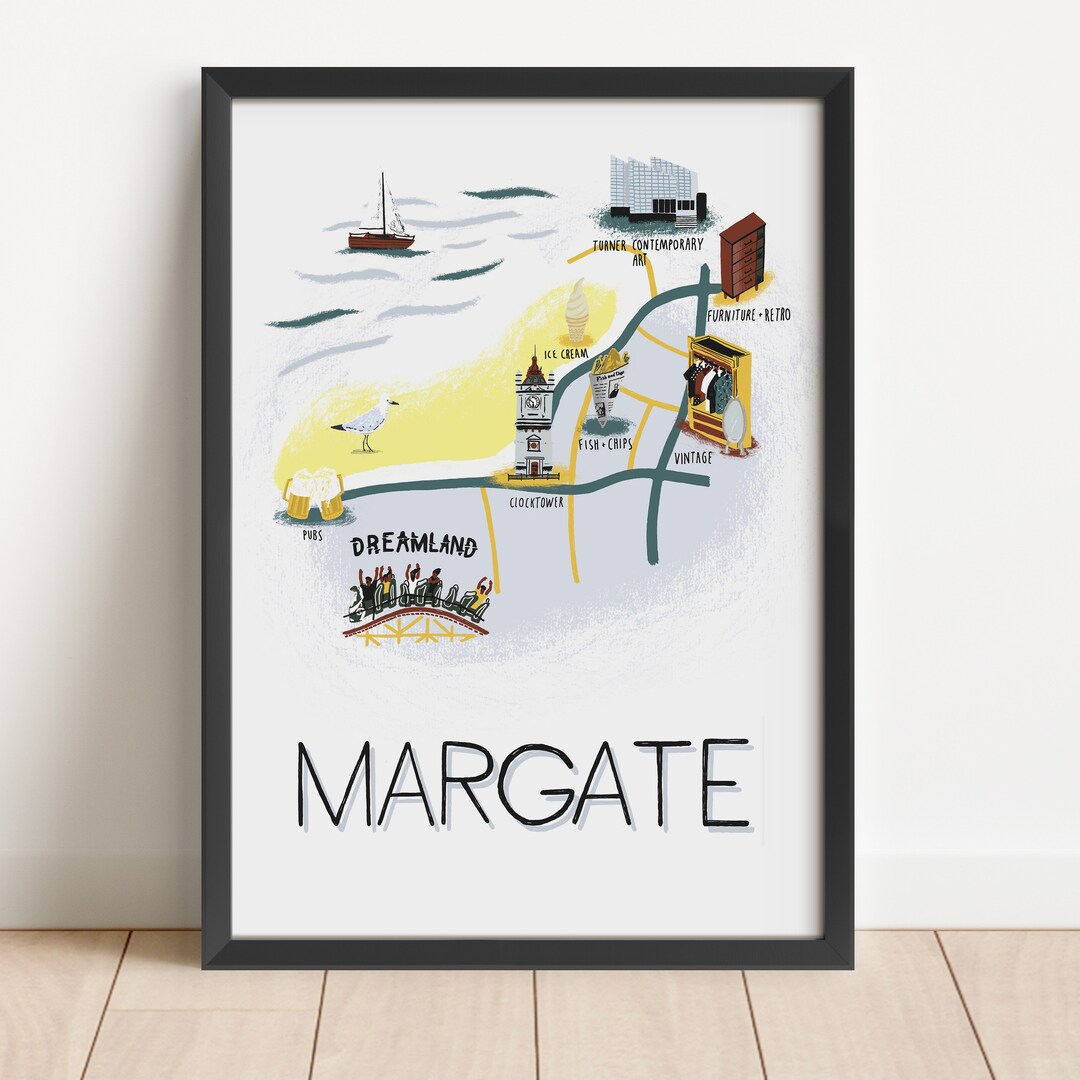 Margate Map Print - Margate Illustration, Seaside Beach Margate Art ...