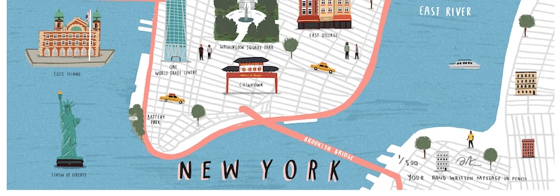 New York map illustrated art print map illustration city new | Etsy