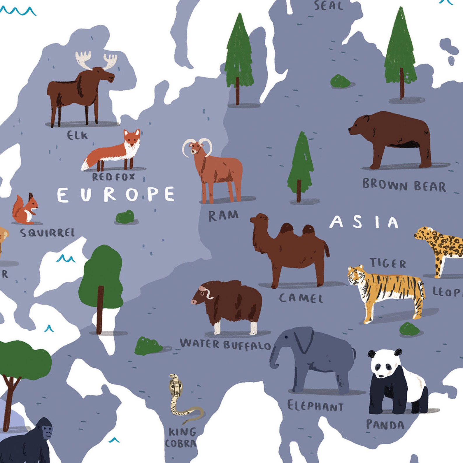 The Animal World Map Illustrated Art Print - Animal Map Print Animal ...