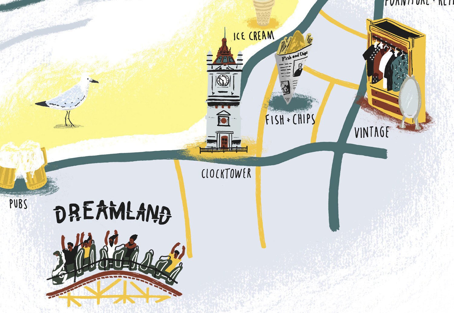 Margate Map Print - Margate Illustration, Seaside Beach Margate Art ...