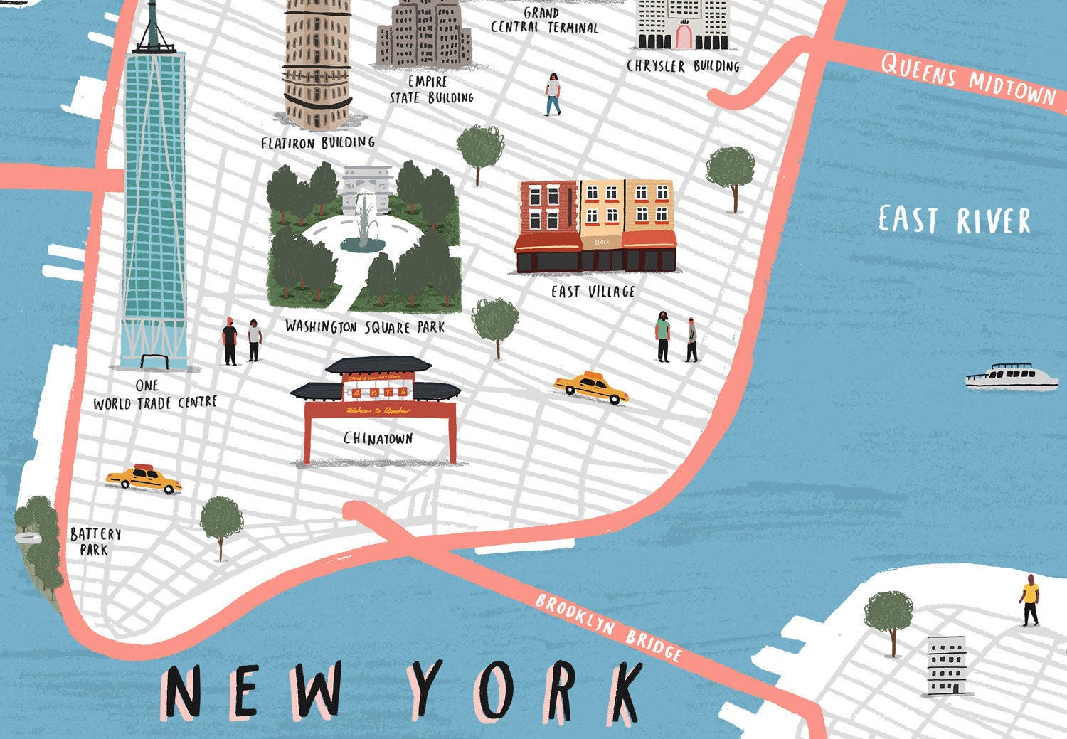 New York map illustrated art print - map illustration city new york art ...