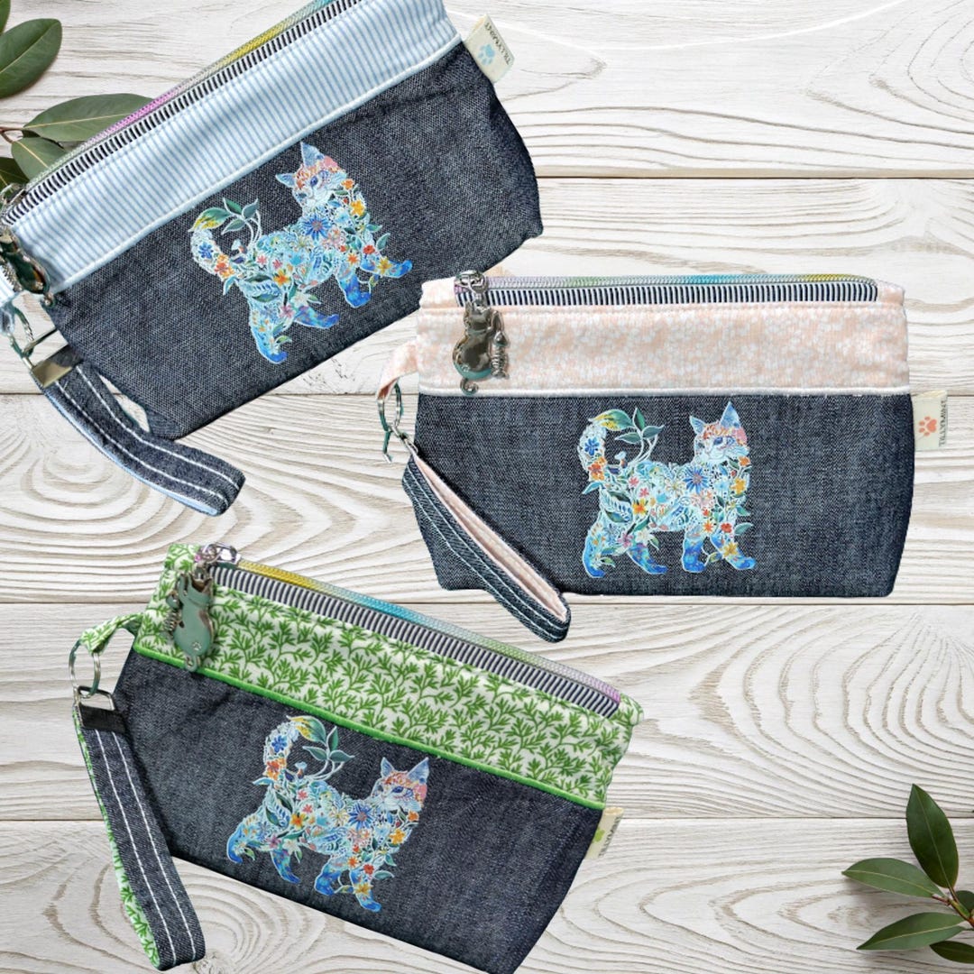 Denim Cat Zipper Bag, Floral Design, Detachable Handle - Etsy