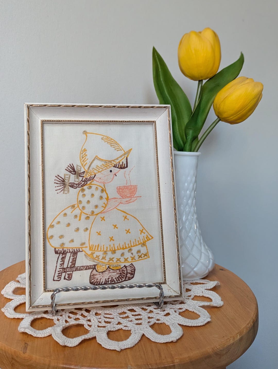 VTG 50s Cottagecore Framed Felt Pen Embroidery Sketch Dutch Girl ...