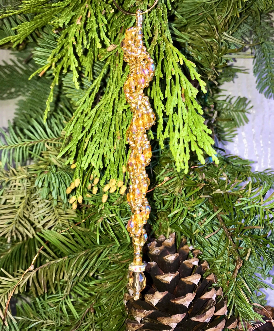 Gold Icicle Ornament - Rich Gold Rainbow AB Enchanting Aurora Seed and ...