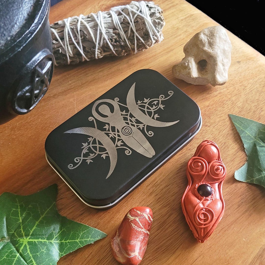 Mini Travel Altar Tin, Goddess Figurine and Engraved Triple Goddess Tin ...