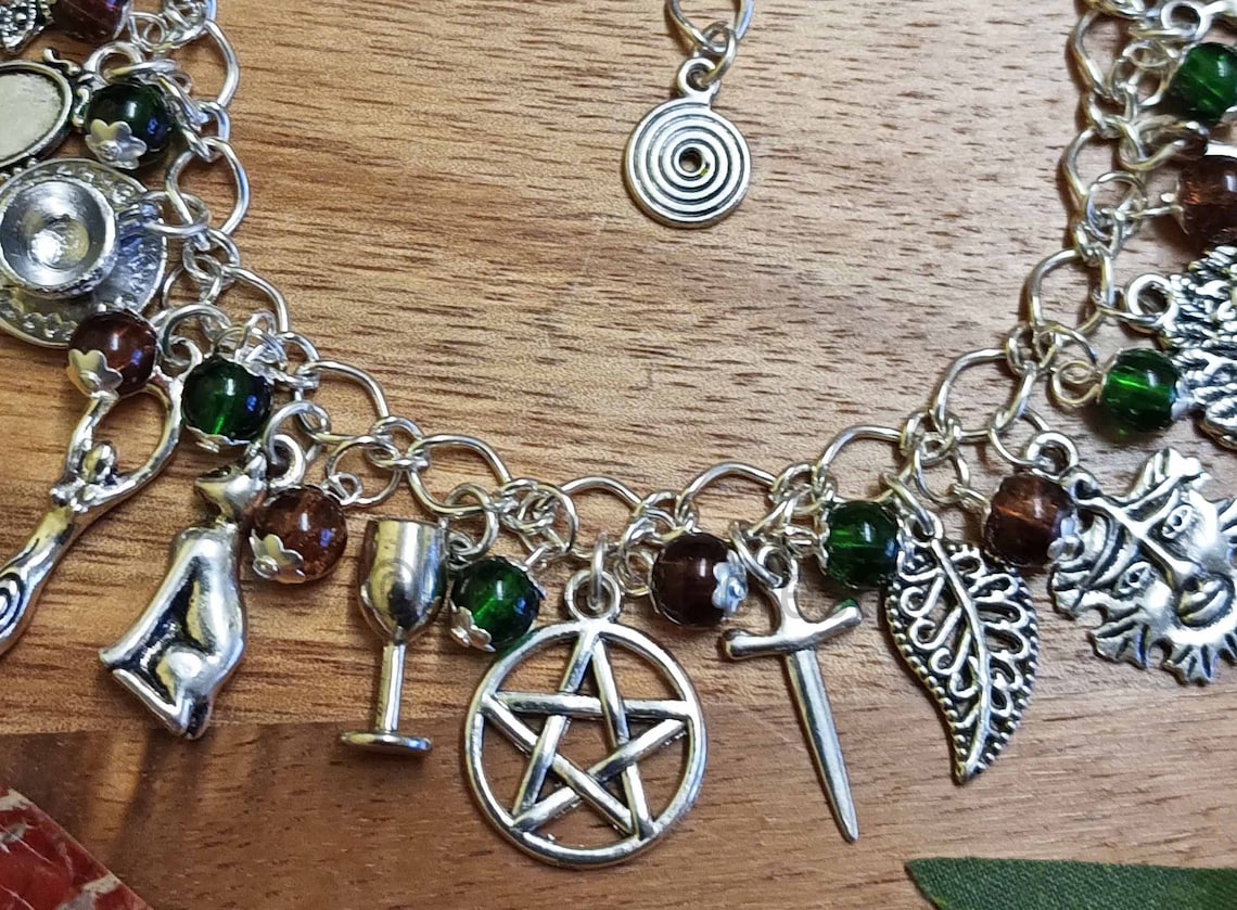 Witches Charm Bracelet With Green and Brown Glass Beads, Pagan ...