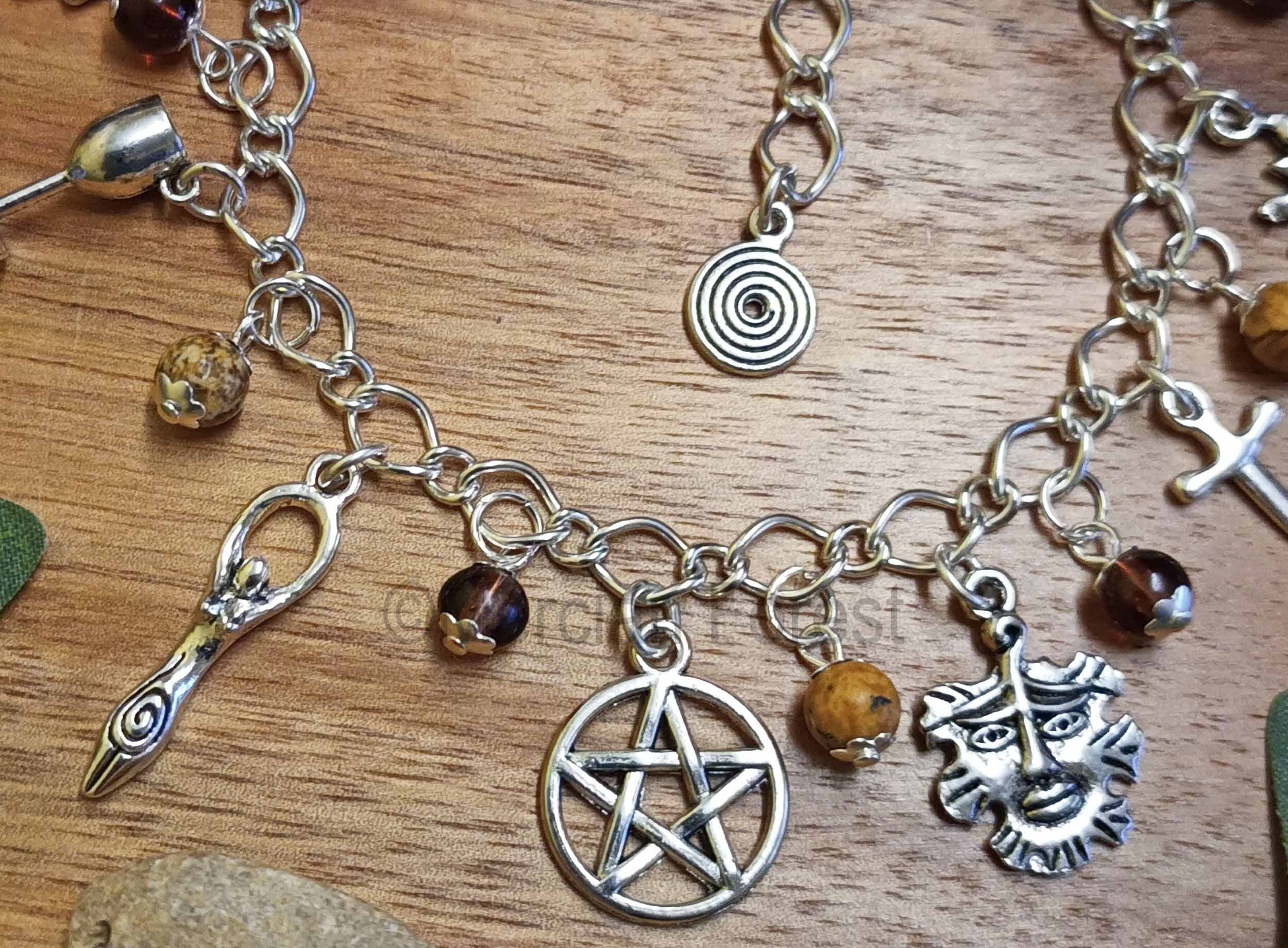 Wiccan Charm Bracelet With Picture Jasper Gemstones and Glass Beads ...