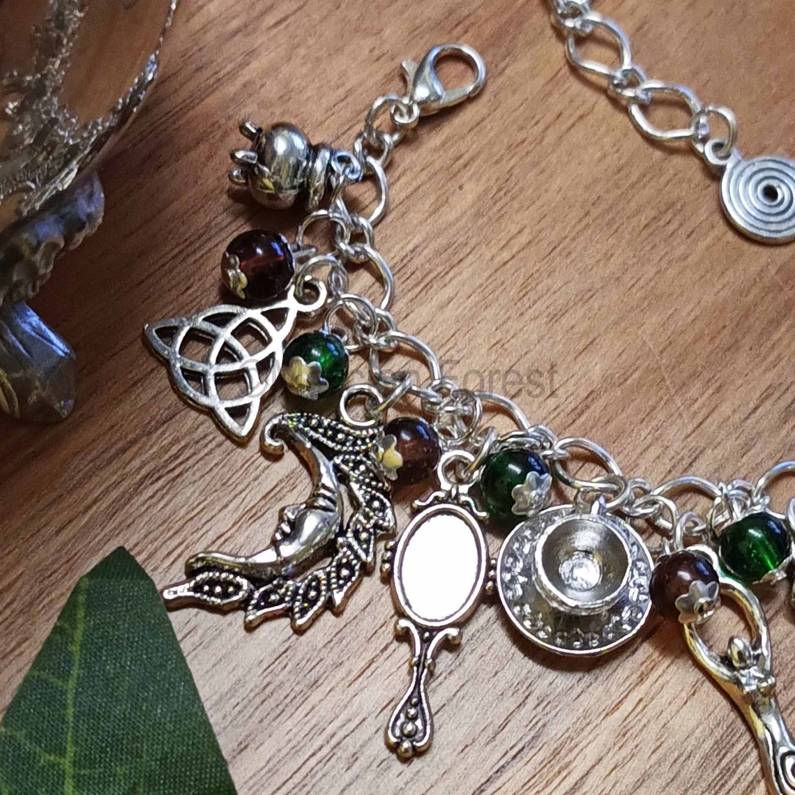 Witches Charm Bracelet With Green and Brown Glass Beads, Pagan ...