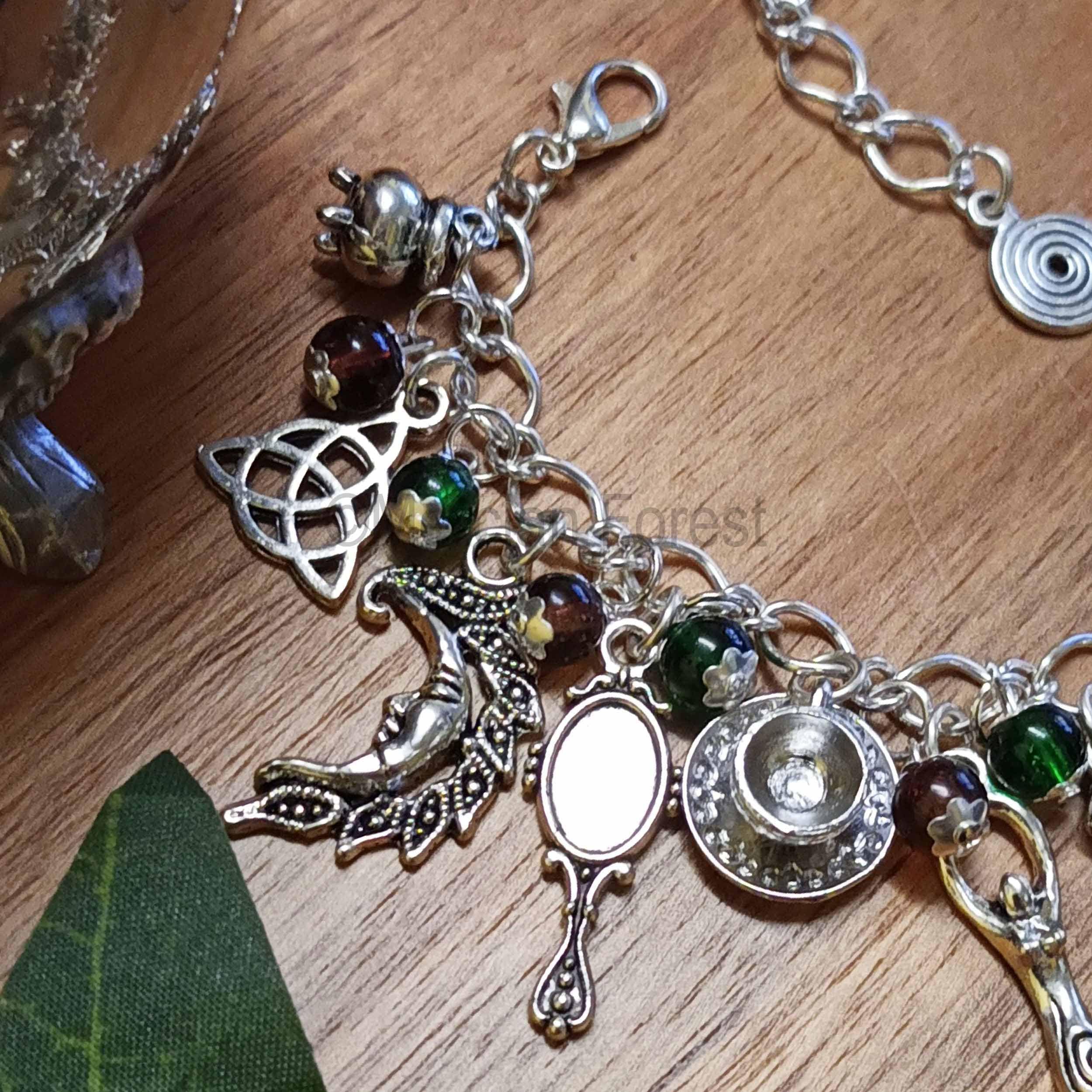 Witches Charm Bracelet With Green and Brown Glass Beads, Pagan ...