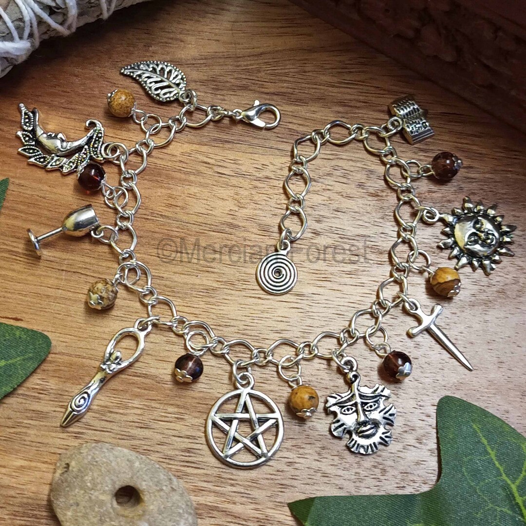 Wiccan Charm Bracelet With Picture Jasper Gemstones and Glass Beads, Pagan Jewellery for Wiccan ...