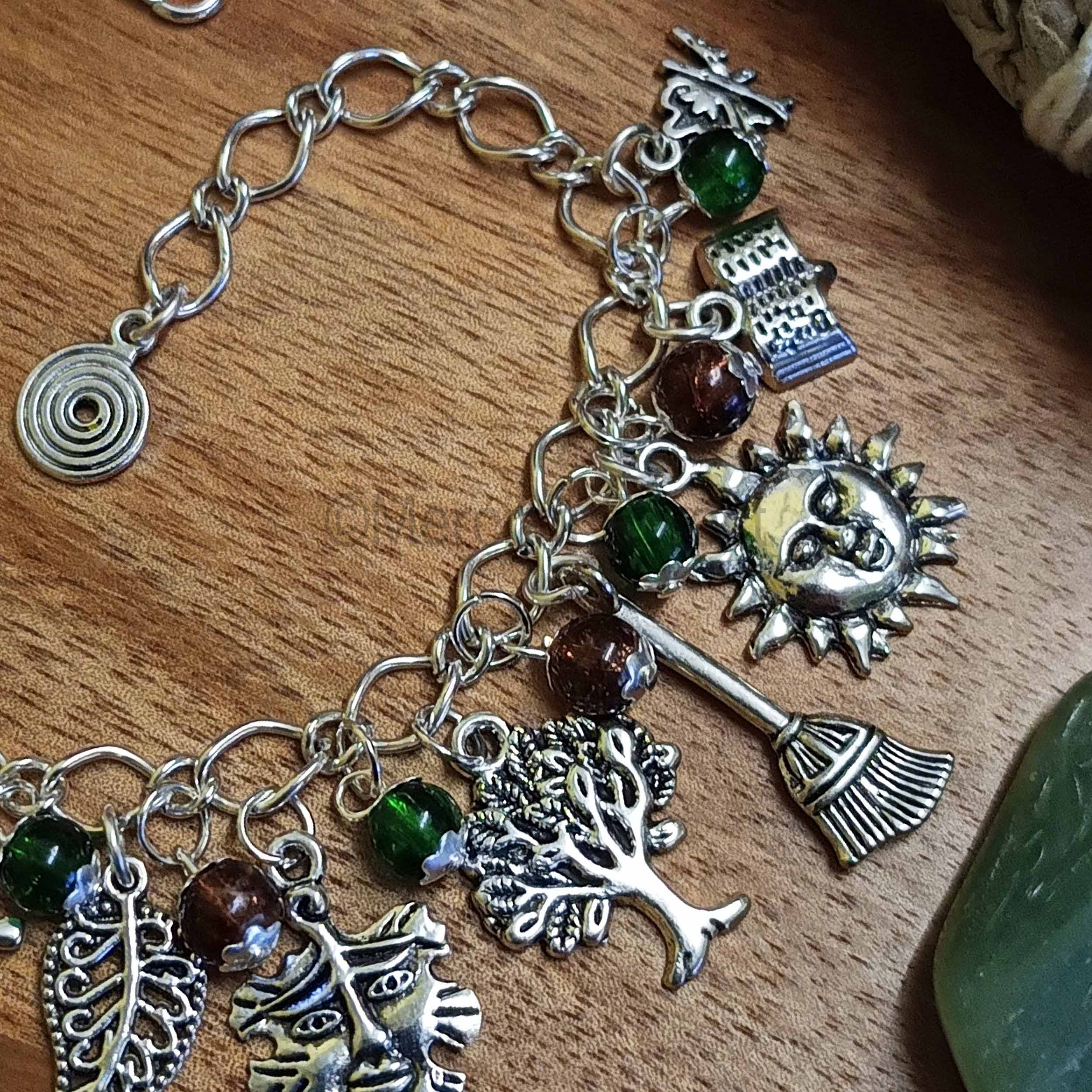 Witches Charm Bracelet With Green and Brown Glass Beads, Pagan ...