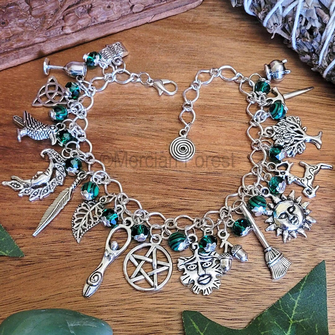 Pagan Ways Charm Bracelet, Pagan Bracelet, Witches Bracelet With Malachite Gemstones and Glass ...