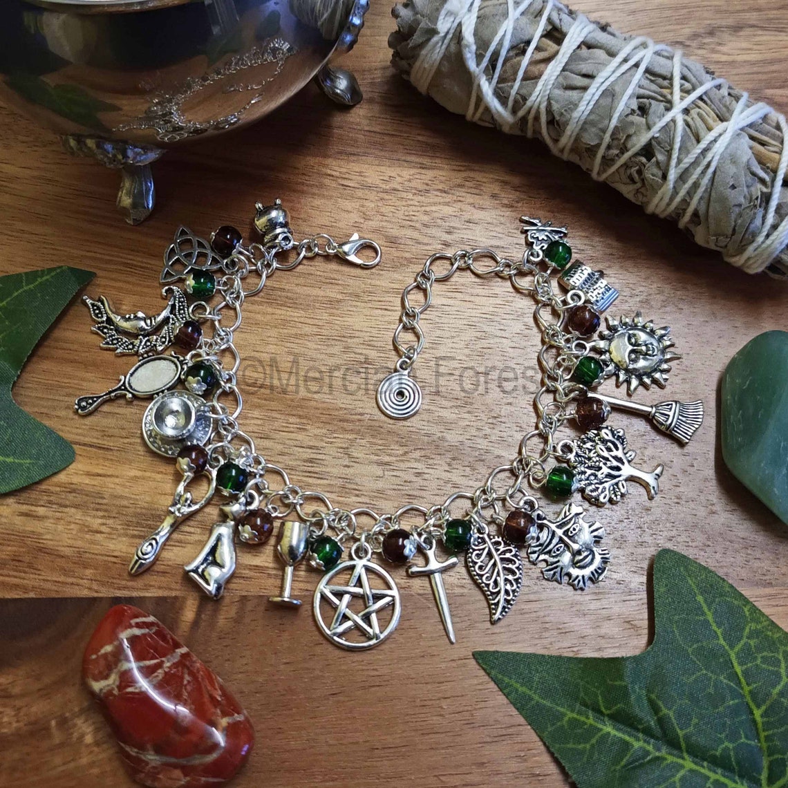 Witches Charm Bracelet With Green and Brown Glass Beads, Pagan ...