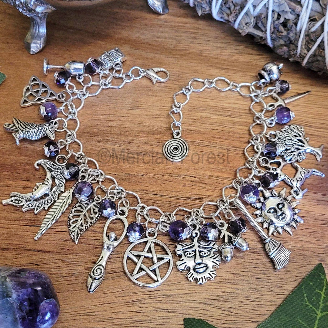 Pagan Ways Charm Bracelet With Amethyst Gemstones and Glass Beads, Pagan Jewellery for Wiccan ...