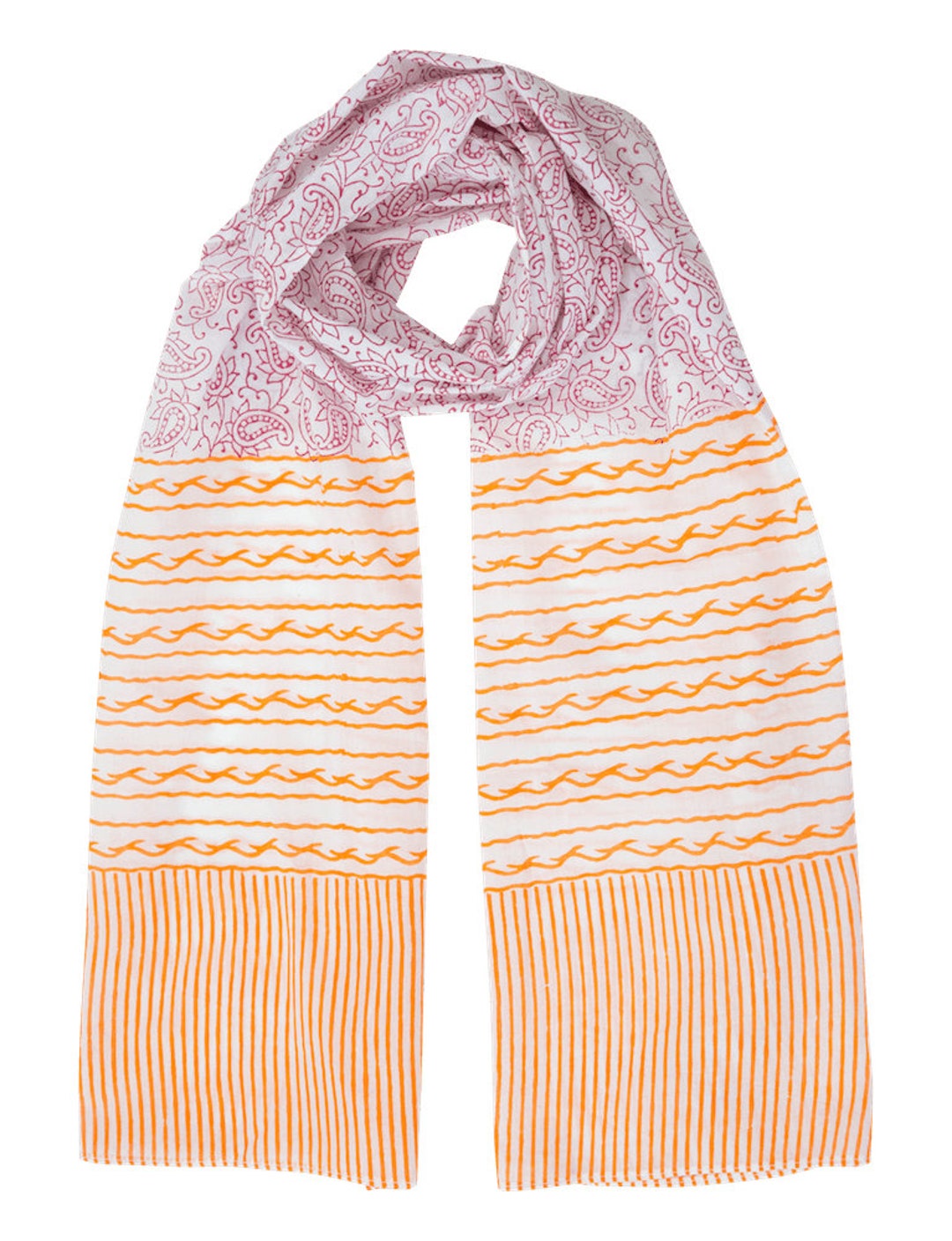 Handmade Cotton Scarf: Pink Paisley & Orange Stripe, Fair Trade - Etsy