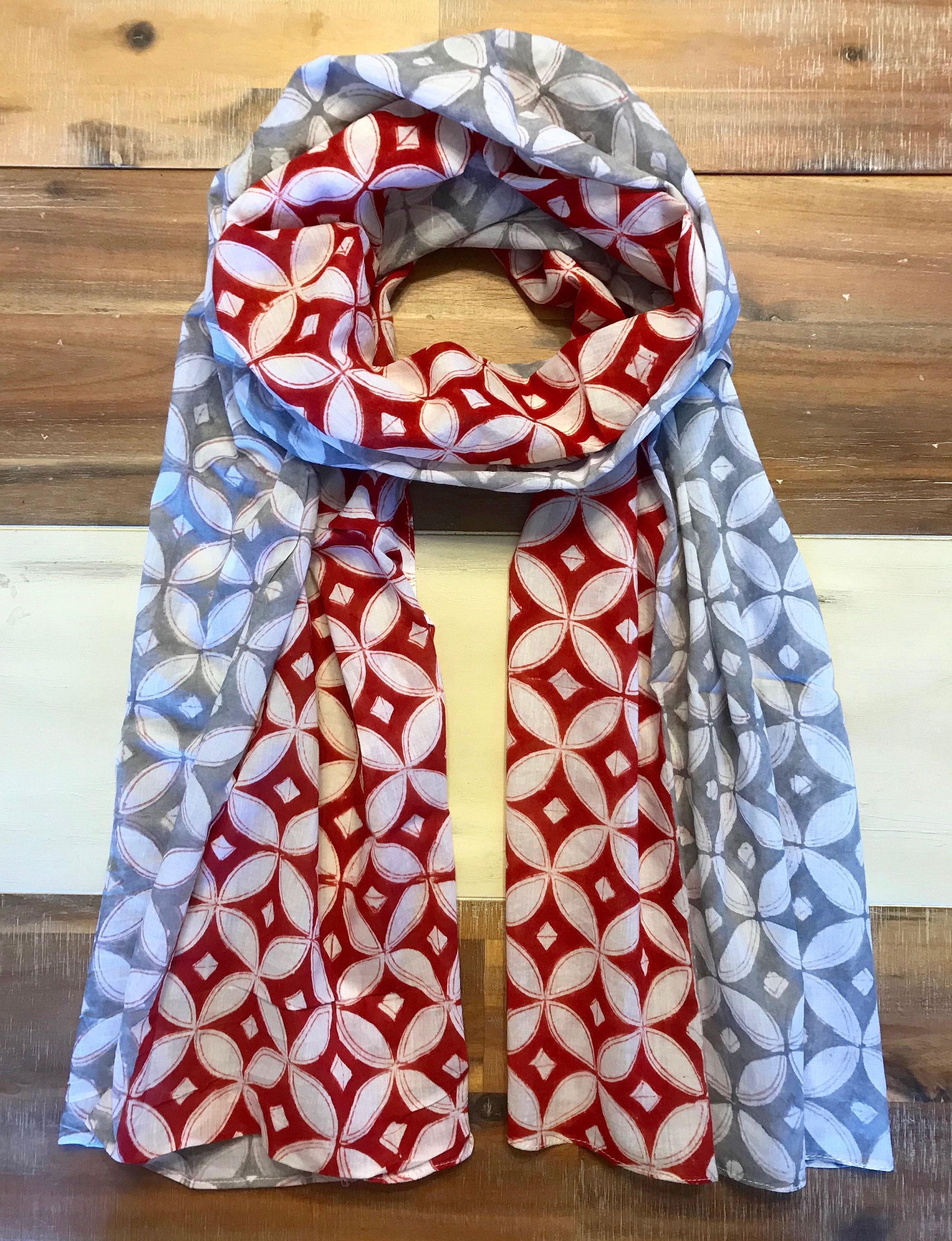 Red and Grey Geometric Diamond Print Cotton Scarf Perfect | Etsy