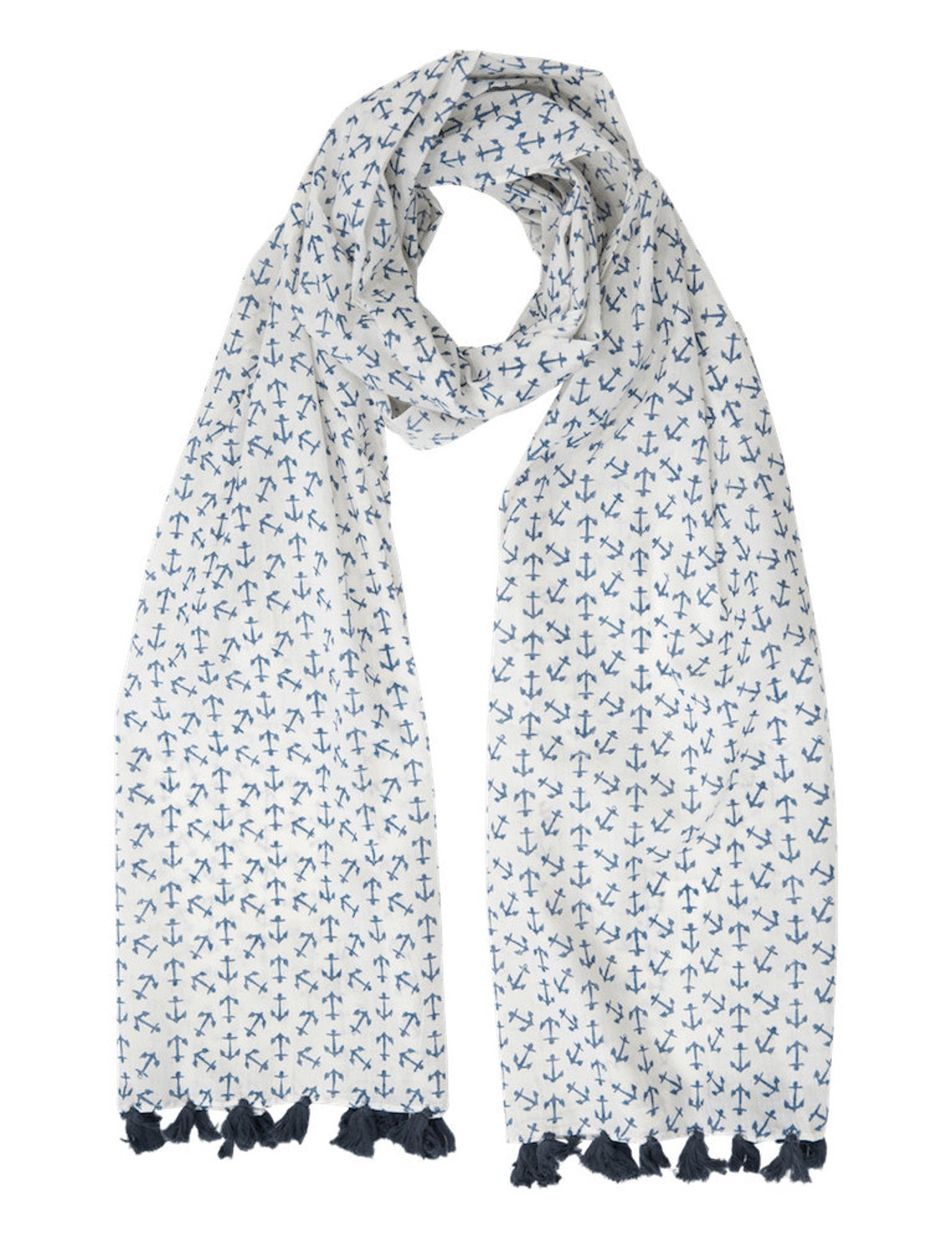 Blue and White Cotton Anchor Scarf With Tassels: Handmade, Perfect Gift ...