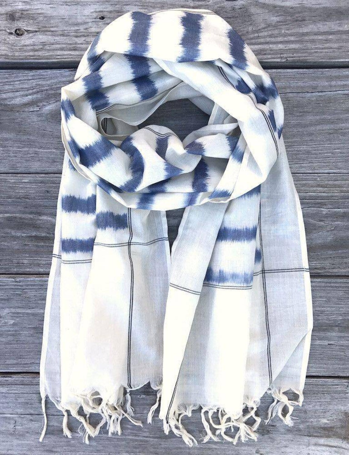 Blue & White Handmade Striped Cotton Scarf With Tassels: Perfect Gift ...