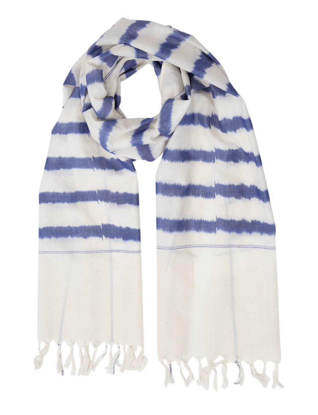 Blue & White Handmade Striped Cotton Scarf With Tassels: - Etsy