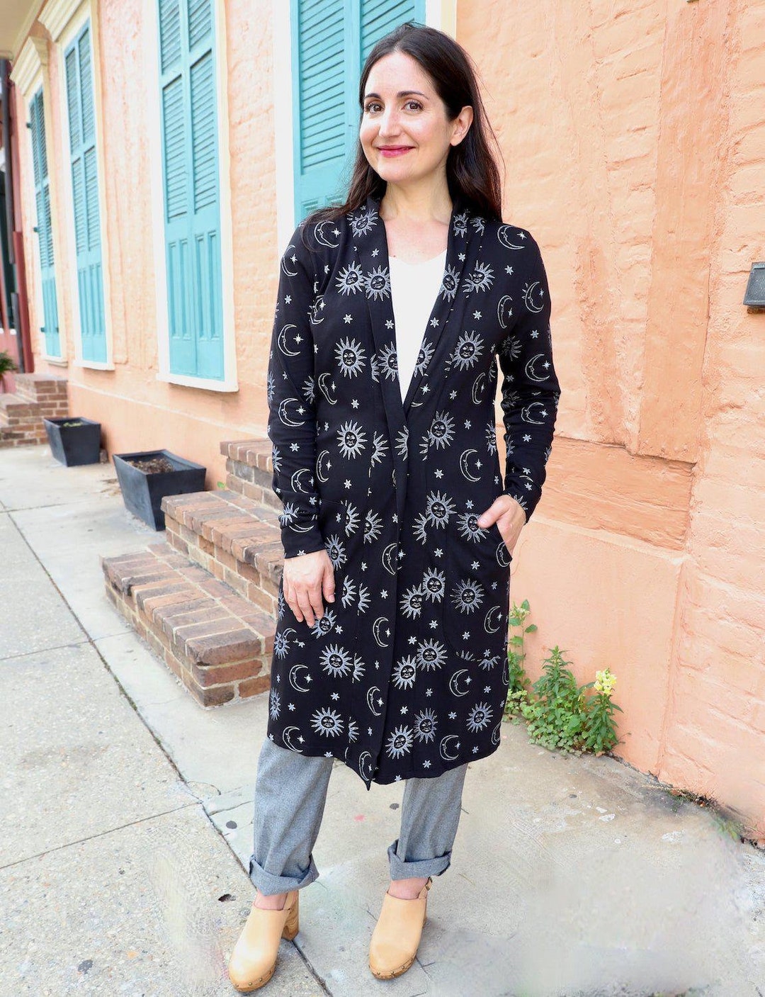 Organic Cotton Celestial Cardigan: Moon & Stars Print Duster Jacket - Etsy