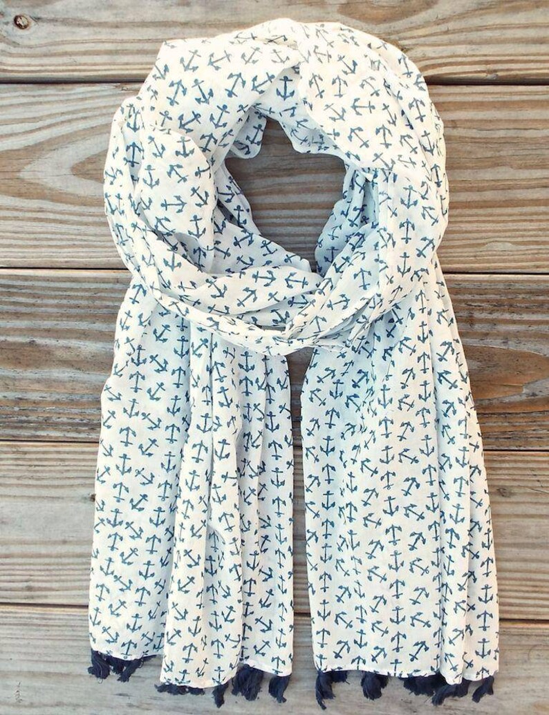 Blue and White Cotton Anchor Scarf With Tassels: Handmade, Perfect Gift ...
