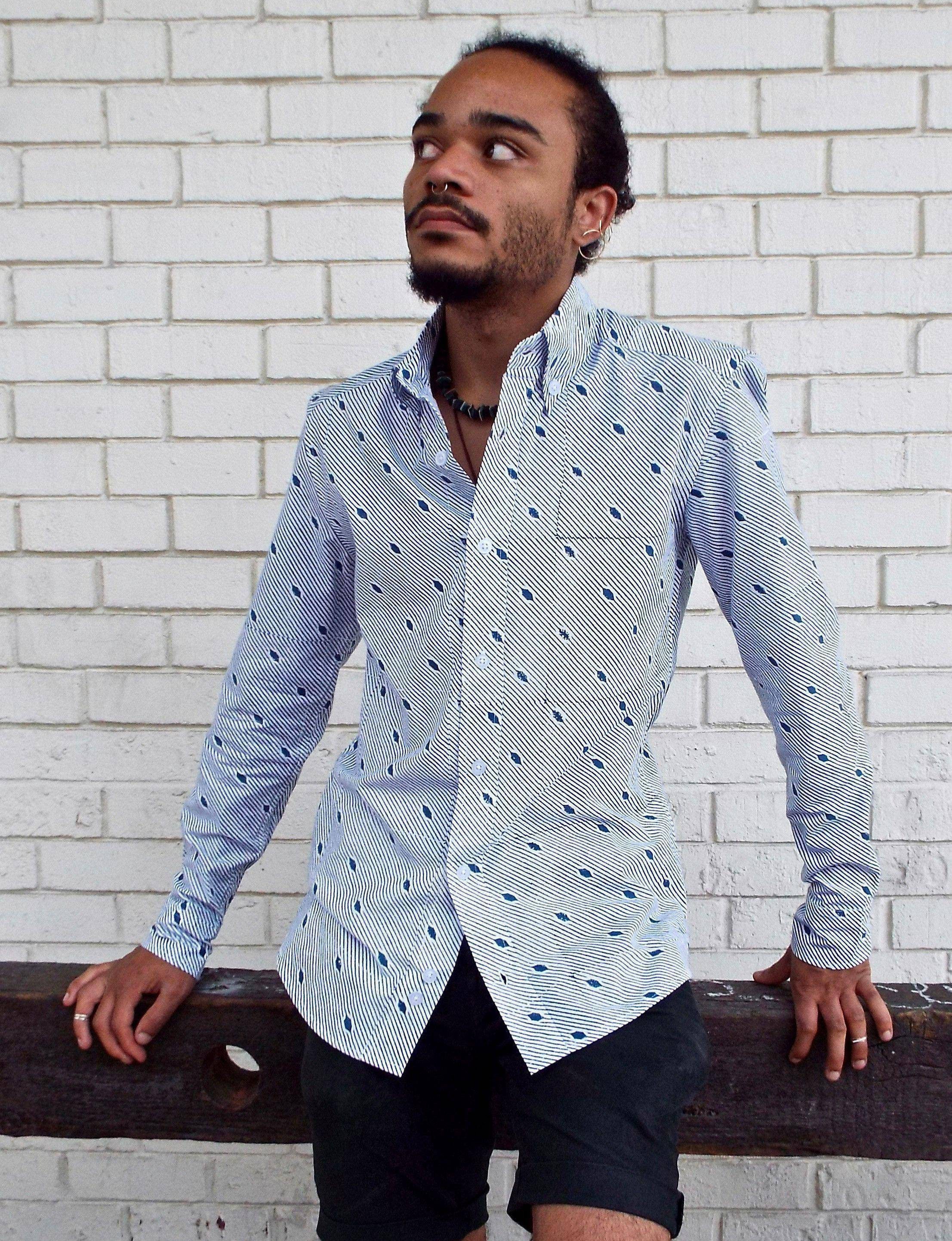 Men's Blue and White Diagonal Striped Long Sleeve Button Down Cotton ...