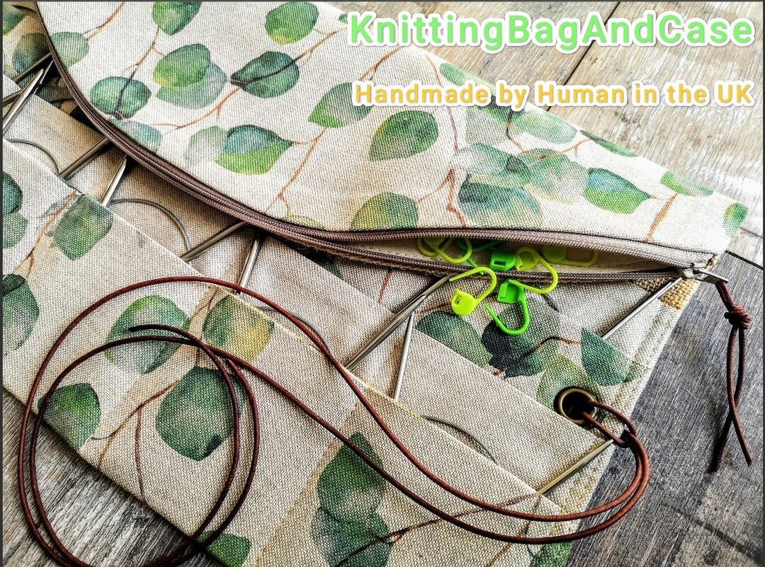 Linen Circular Knitting Needle Case: Eucalyptus Print, Zip Pocket ...
