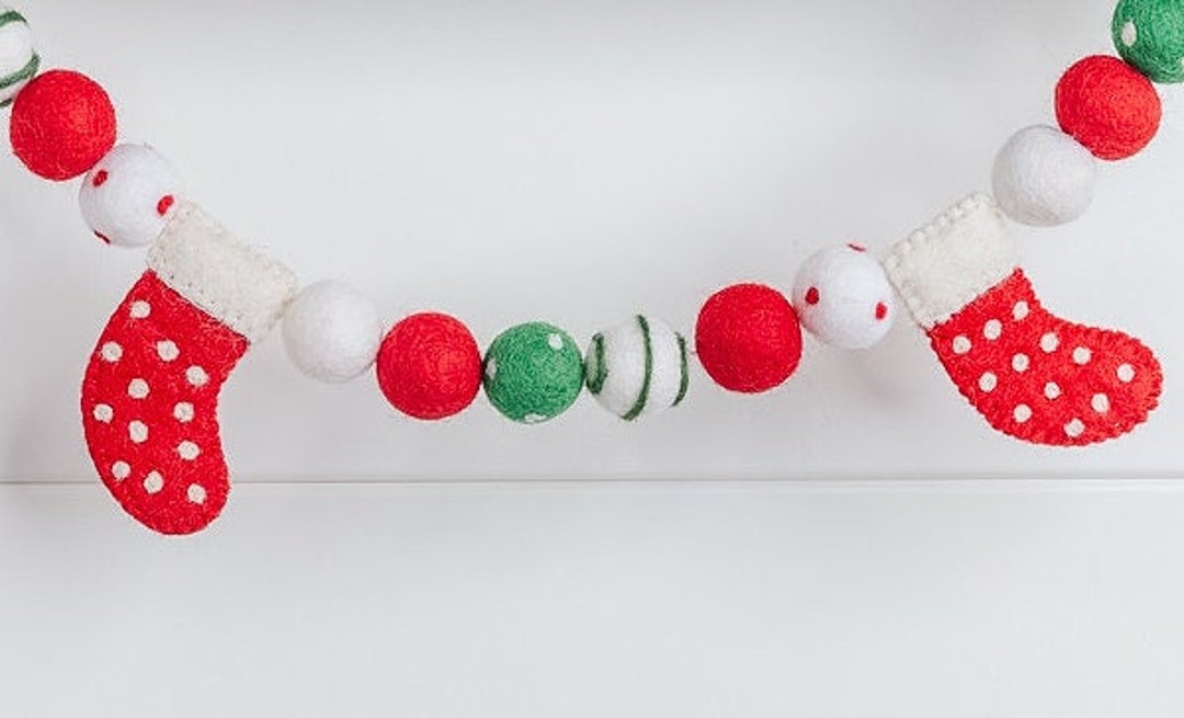 Felt Christmas Garland: Red Stockings & Pom Pom Holiday Decor - Etsy